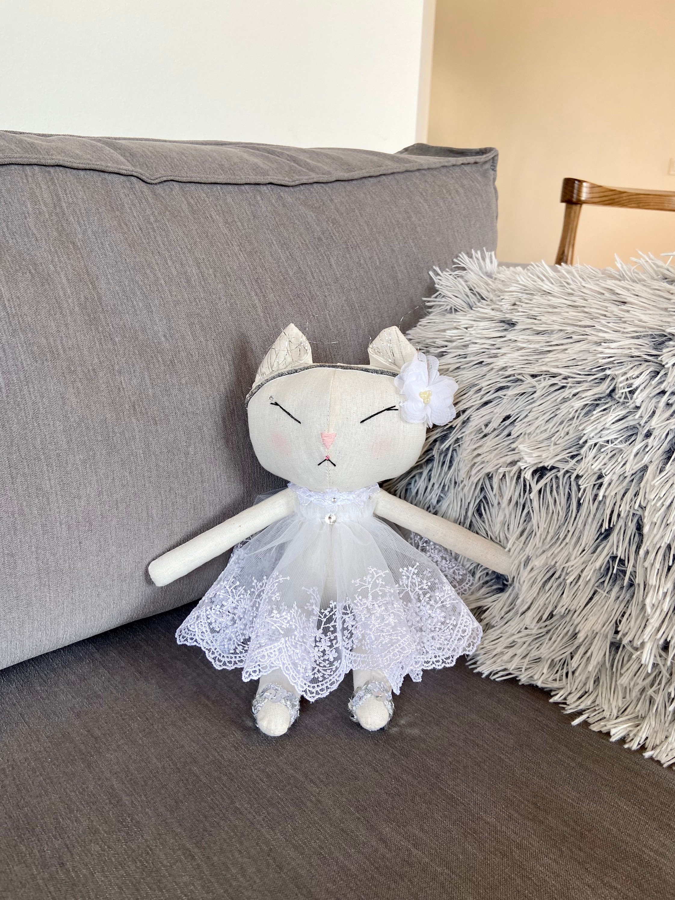 Kitty Rag Doll With White Lace Princess Dress, Heirloom Cat Doll, Soft ...