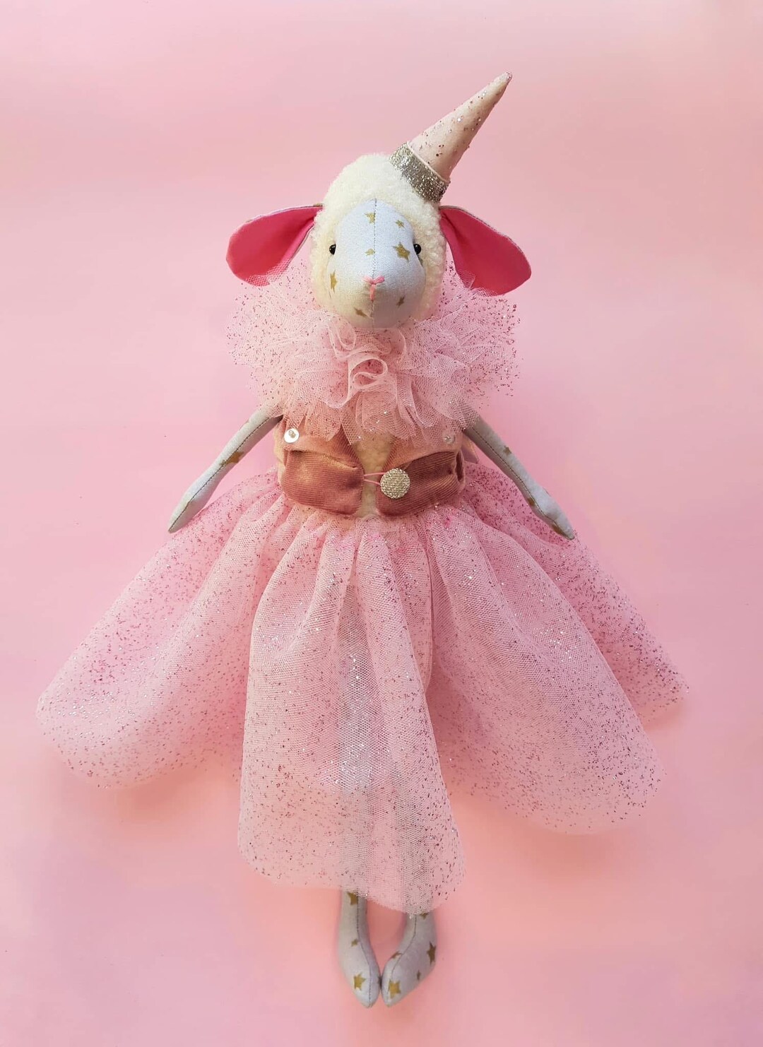 Circus Clown Lamb Rag Doll With Sparkly Pink Ruffled Collar & Dress ...