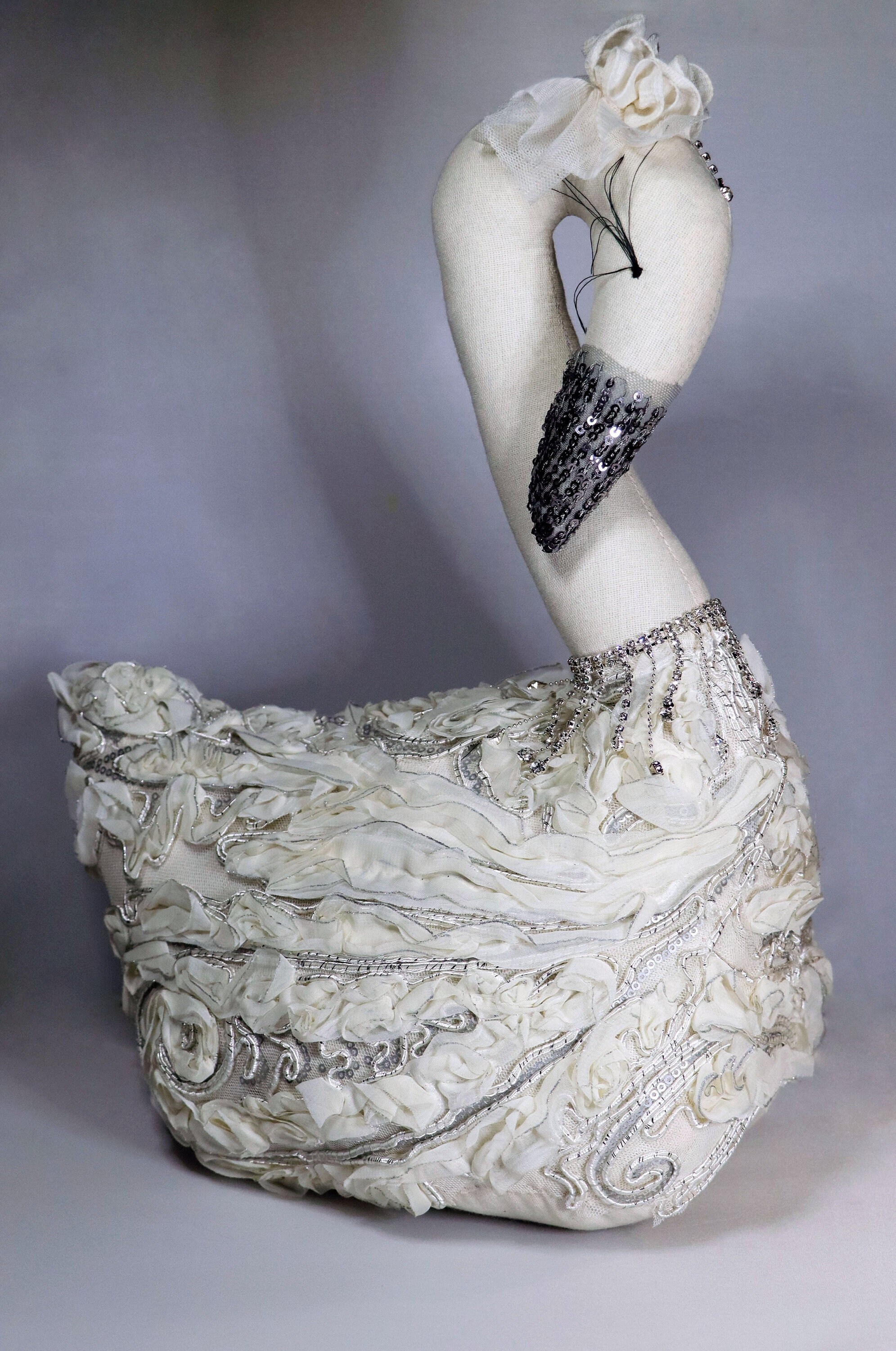 Beautiful Swan Art Doll With Sequin Beak and Fabric Feathers. Handmade Stuffed Fabric Sculpture ...