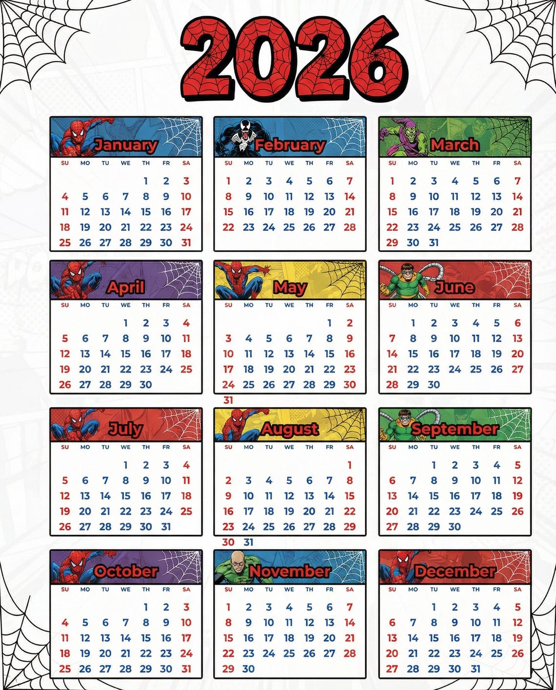 2026 Superhero Theme Calendar Printable | Comic Style Planner | Digital ...