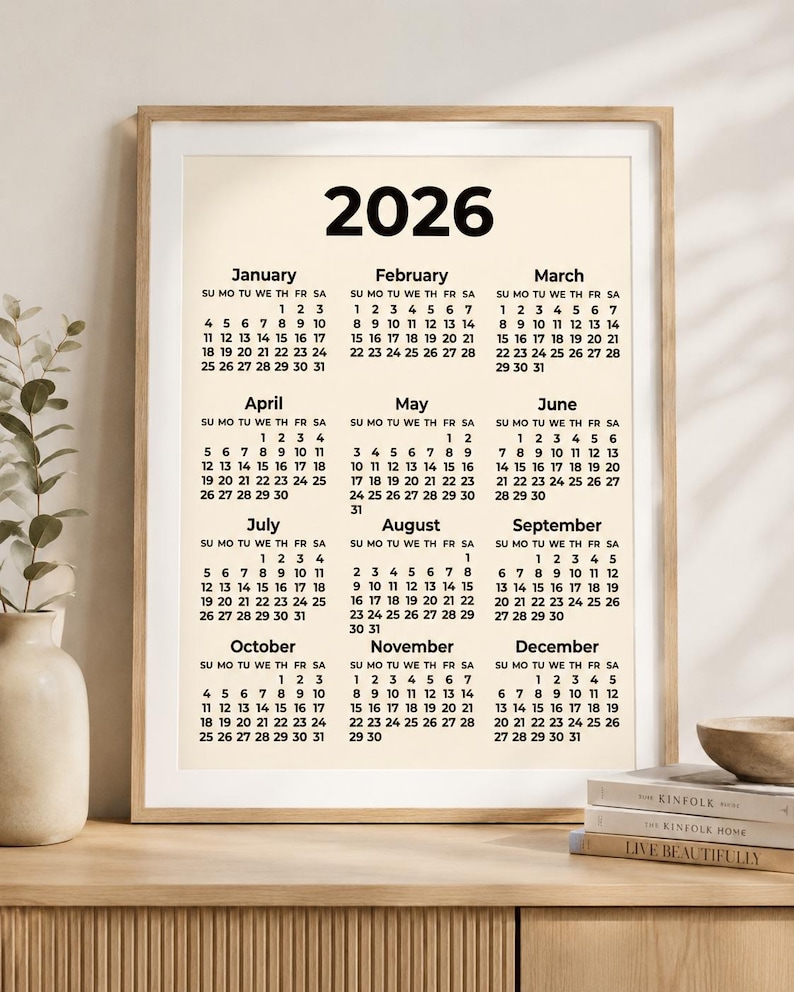 2026 Calendar Printable | Digital Download | 2026 Year-at-a-glance ...