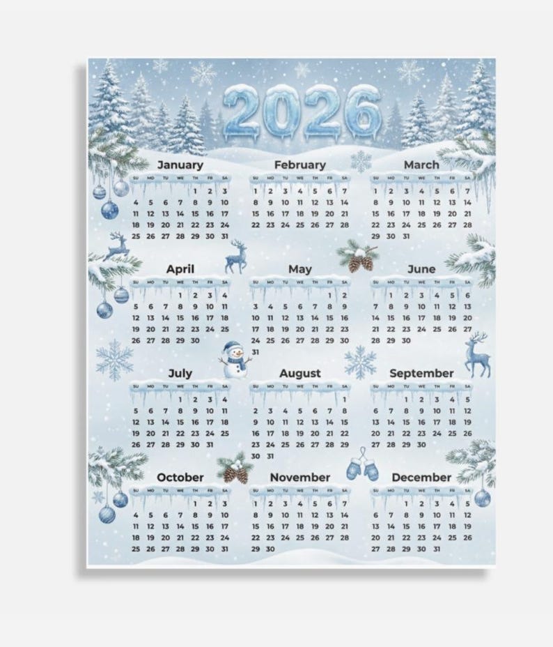 2026 Winter Theme Calendar Printable | Snow Planner | Digital Download ...