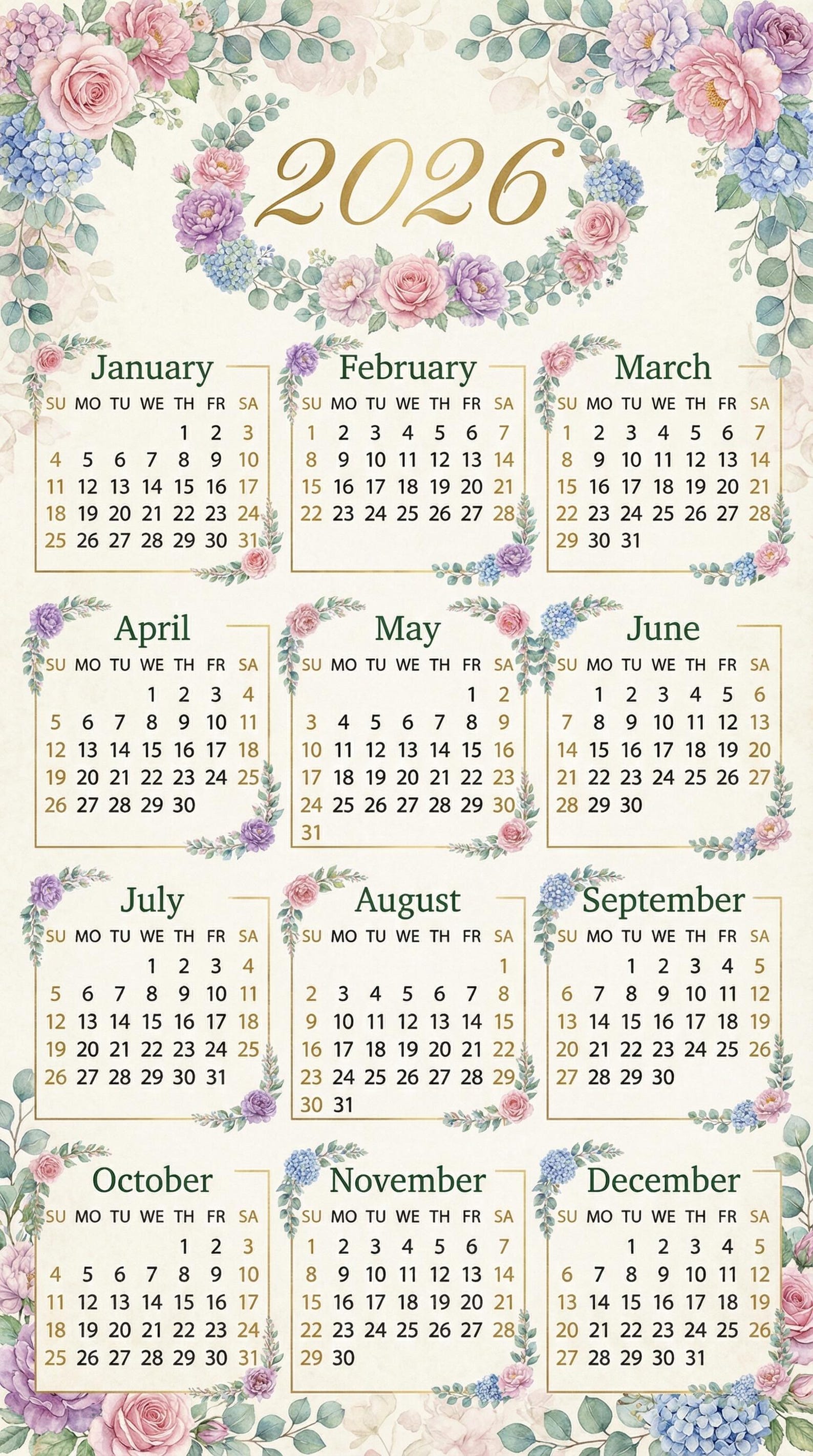 2026 Floral Theme Calendar Printable | Botanical Planner | Digital ...