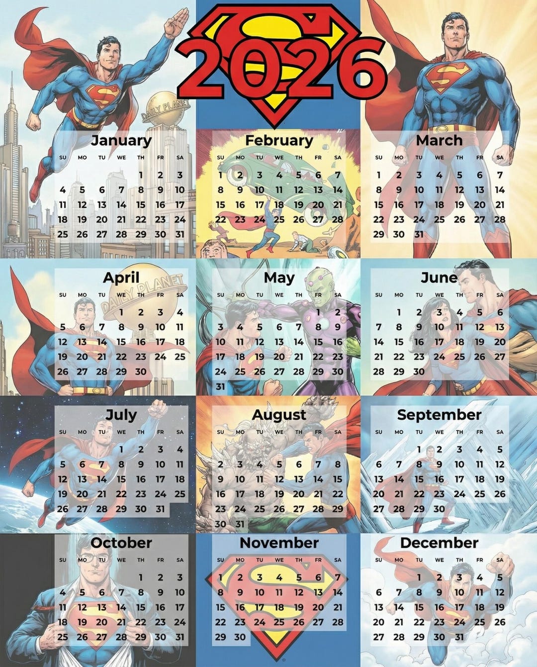 2026 Superhero Theme Calendar Printable Planner | Comic Style Organizer ...