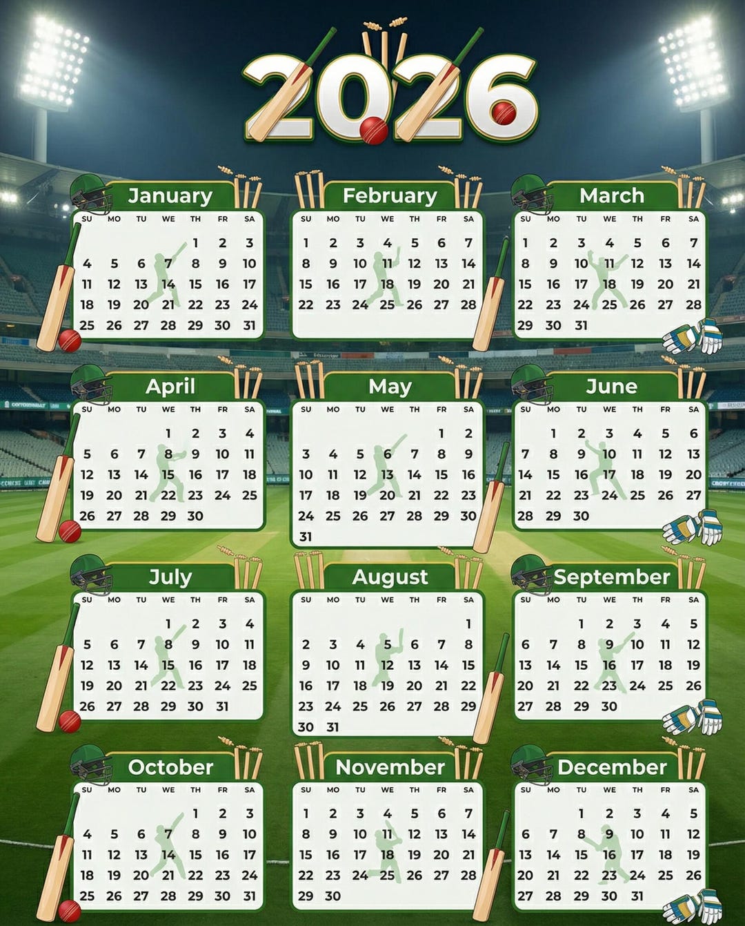 026 Cricket Theme Calendar Printable | Sports Planner | Digital ...