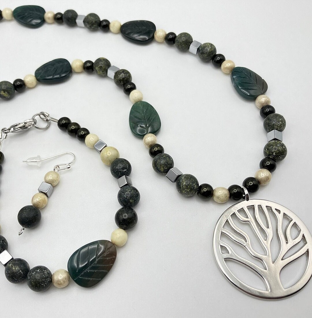 Tree of Life Green Set Serpentine, Moss Agate Leaves, Czech Glass Cream ...
