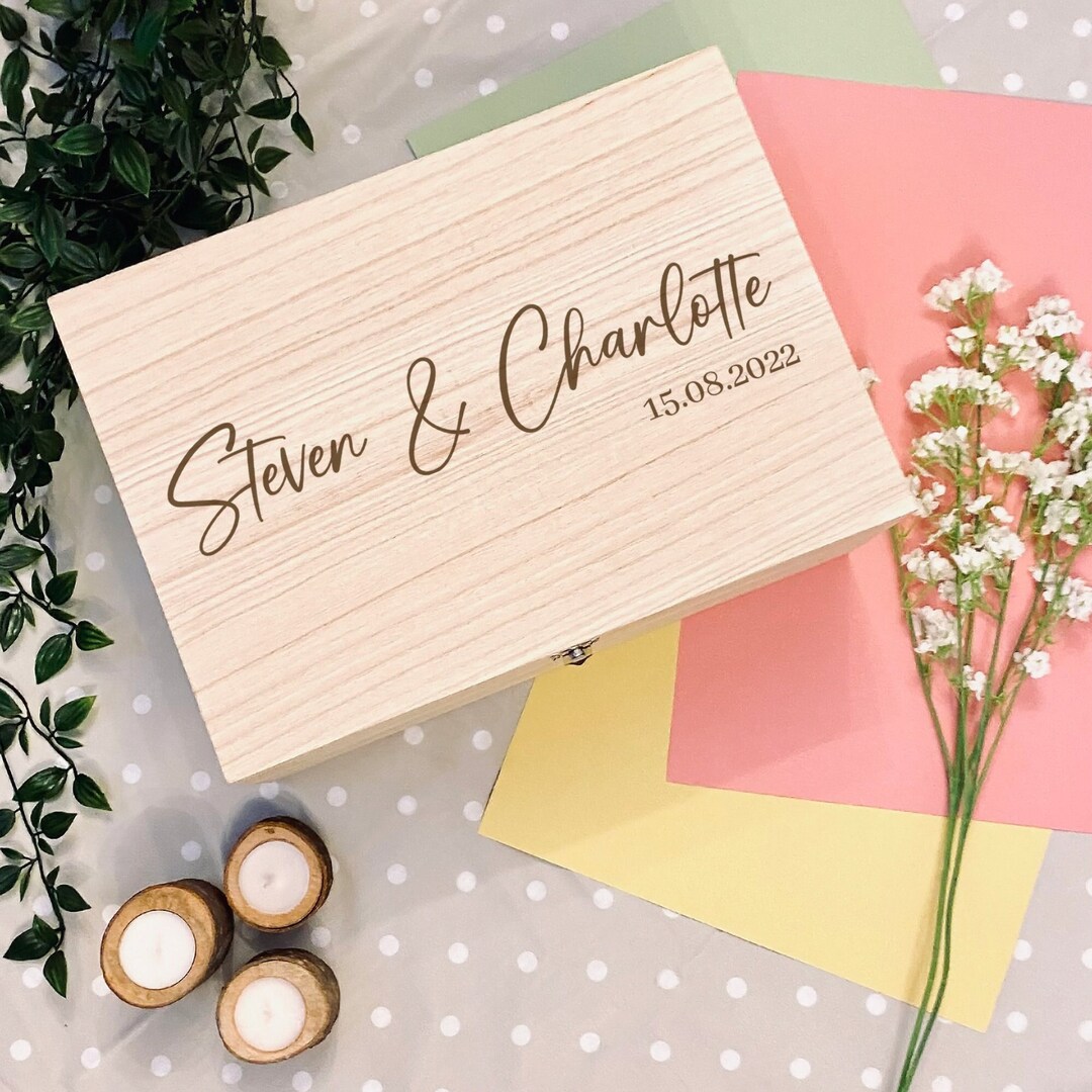 Personalised Wooden Name & Date Memory Box Valentines / Wedding ...