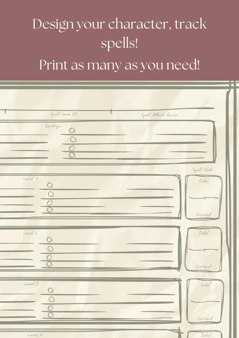 Printable Dnd Character Sheet, Spell Tracker, Hand-drawn, Journal ...