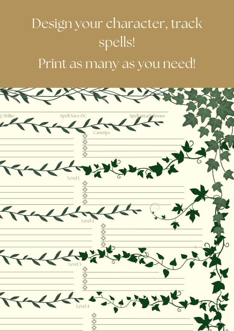 Printable Dnd Character Sheet, Spell Tracker, Nature, Plants, Vines ...
