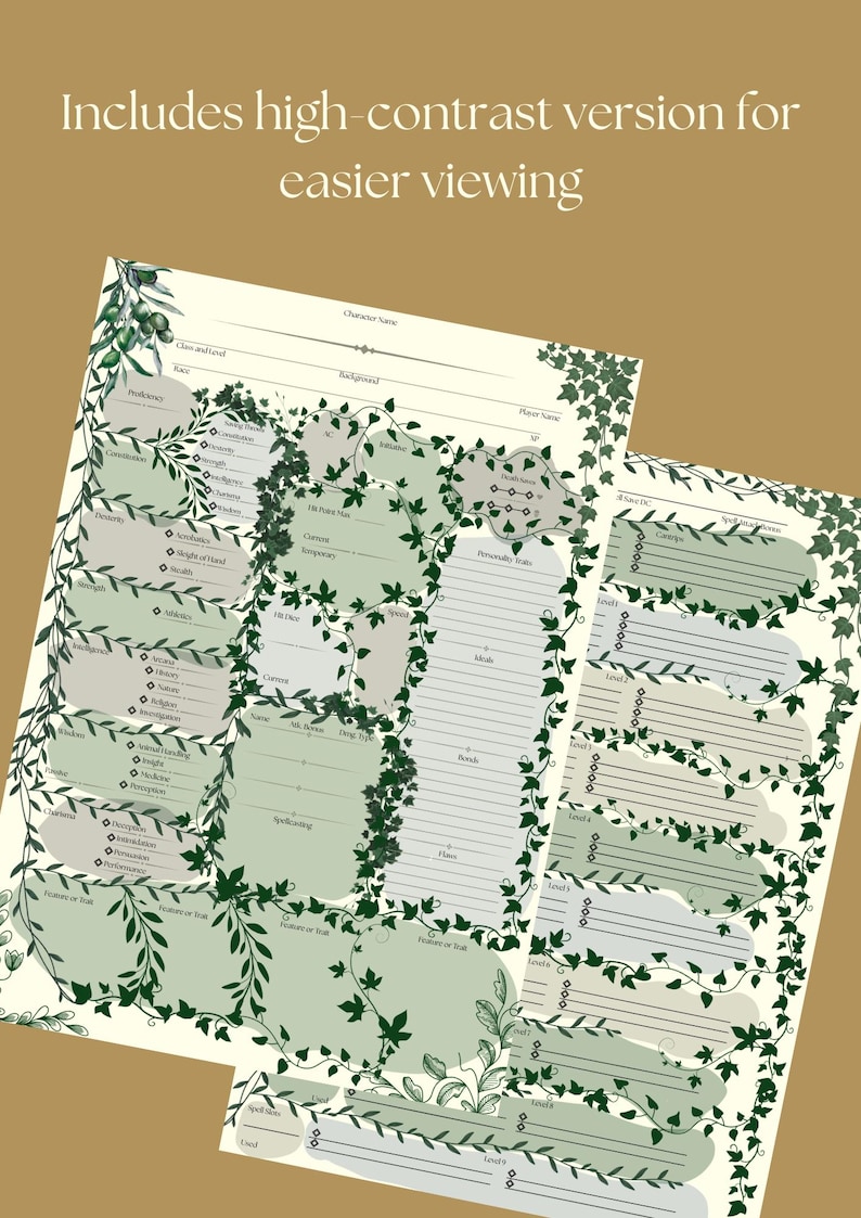 Printable Dnd Character Sheet, Spell Tracker, Nature, Plants, Vines ...