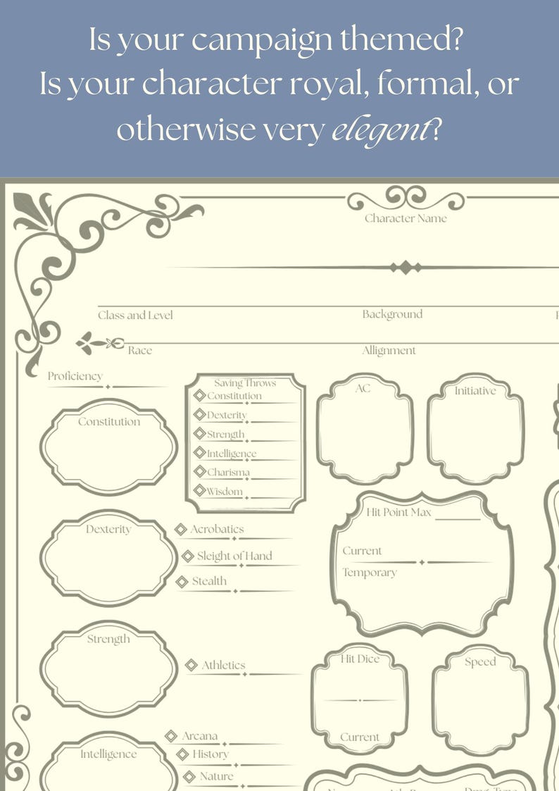 Printable Dnd Character Sheet, Spell Tracker, Elegent, Formal, Fancy ...