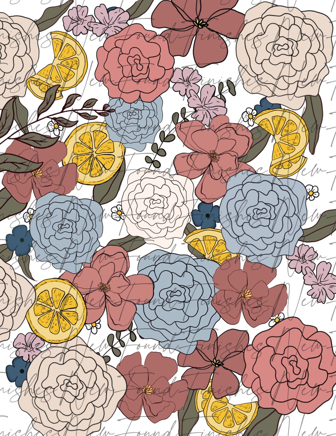3 Files Sizes Lemon and Hand Drawn Muted Color Floral Png With ...