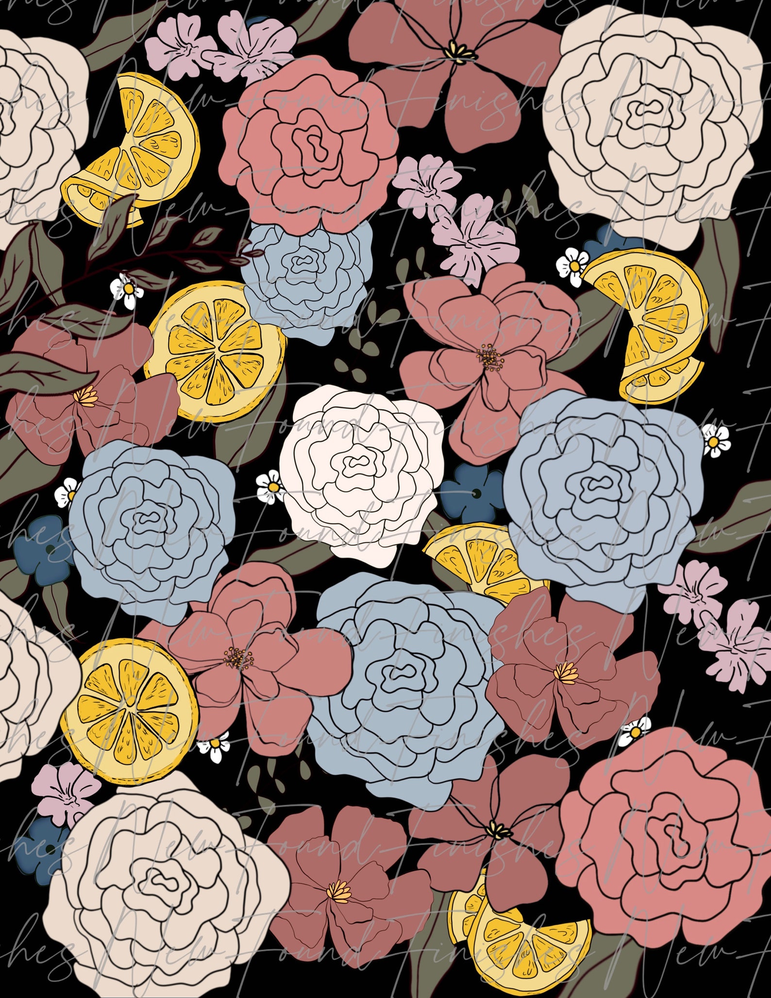3 Files Sizes Lemon and Hand Drawn Muted Color Floral Png With ...