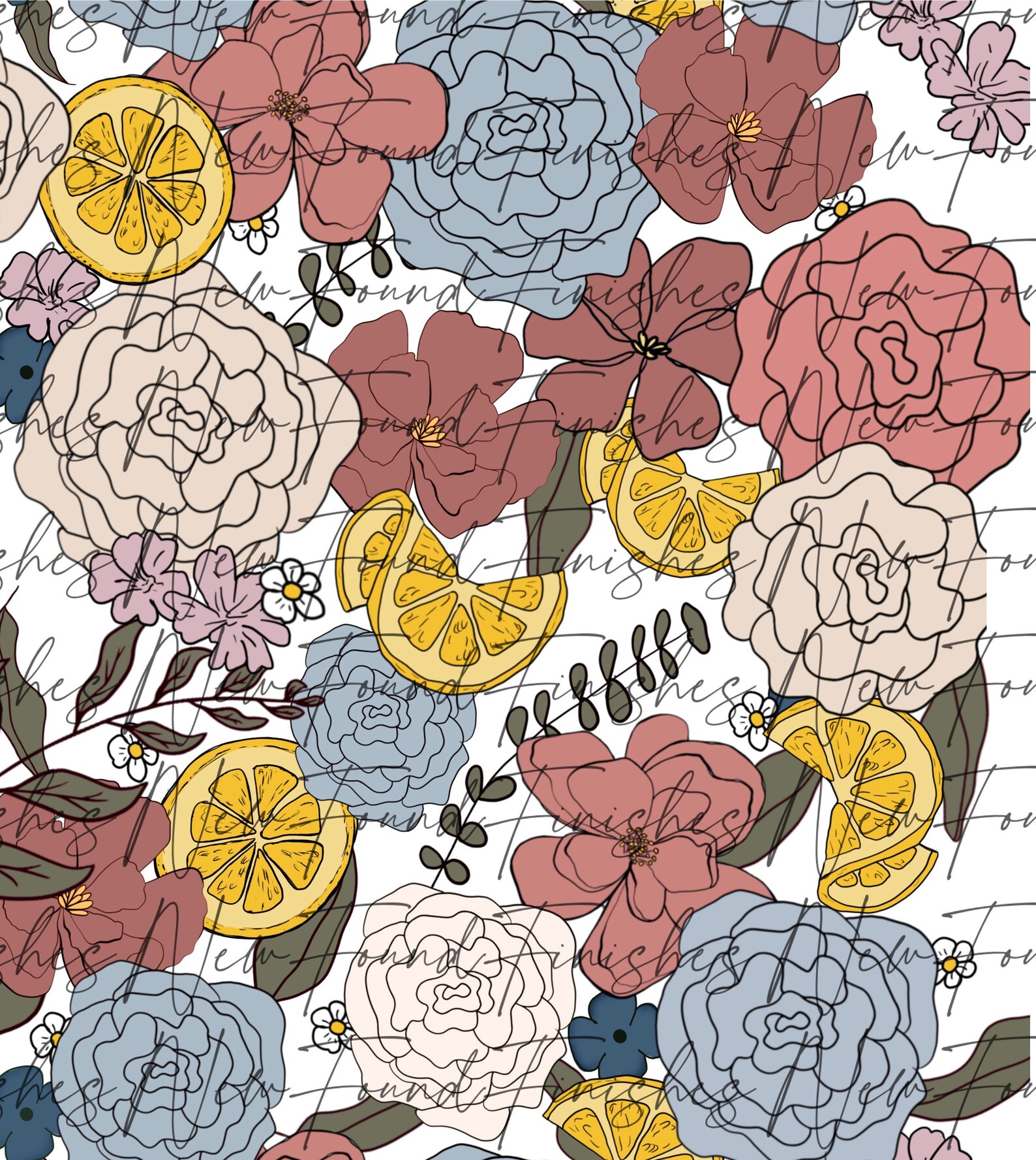 3 Files Sizes Lemon and Hand Drawn Muted Color Floral Png With ...