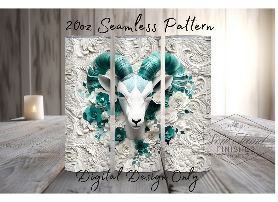 Ram Head 3D Flower Seamless, Teal and White, 20oz Skinny Straight ...