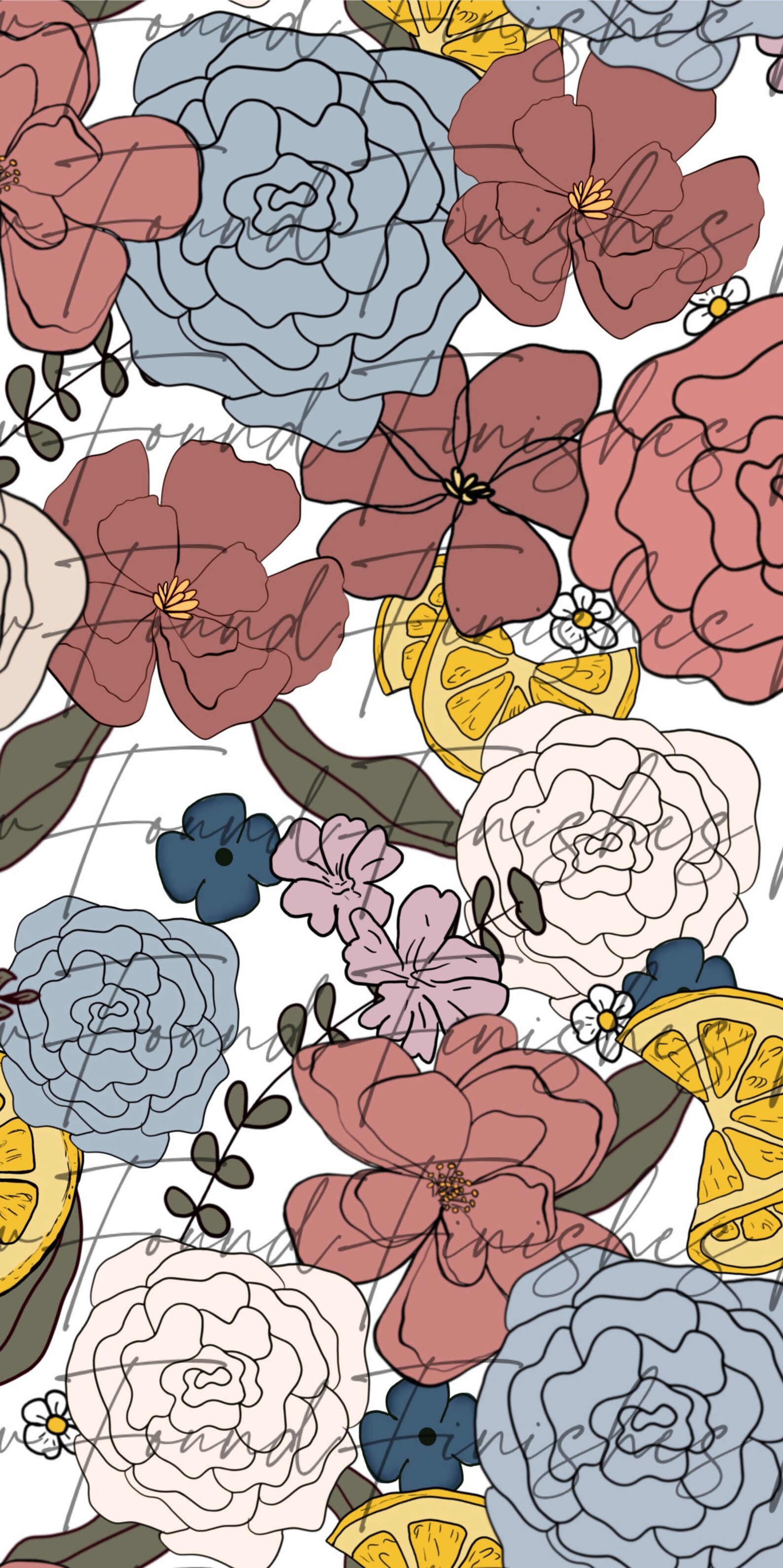 3 Files Sizes Lemon and Hand Drawn Muted Color Floral Png With ...