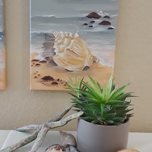 4 Tropical Shell Paintings, 8x10" Acrylic Artwork With Silver Foil ...