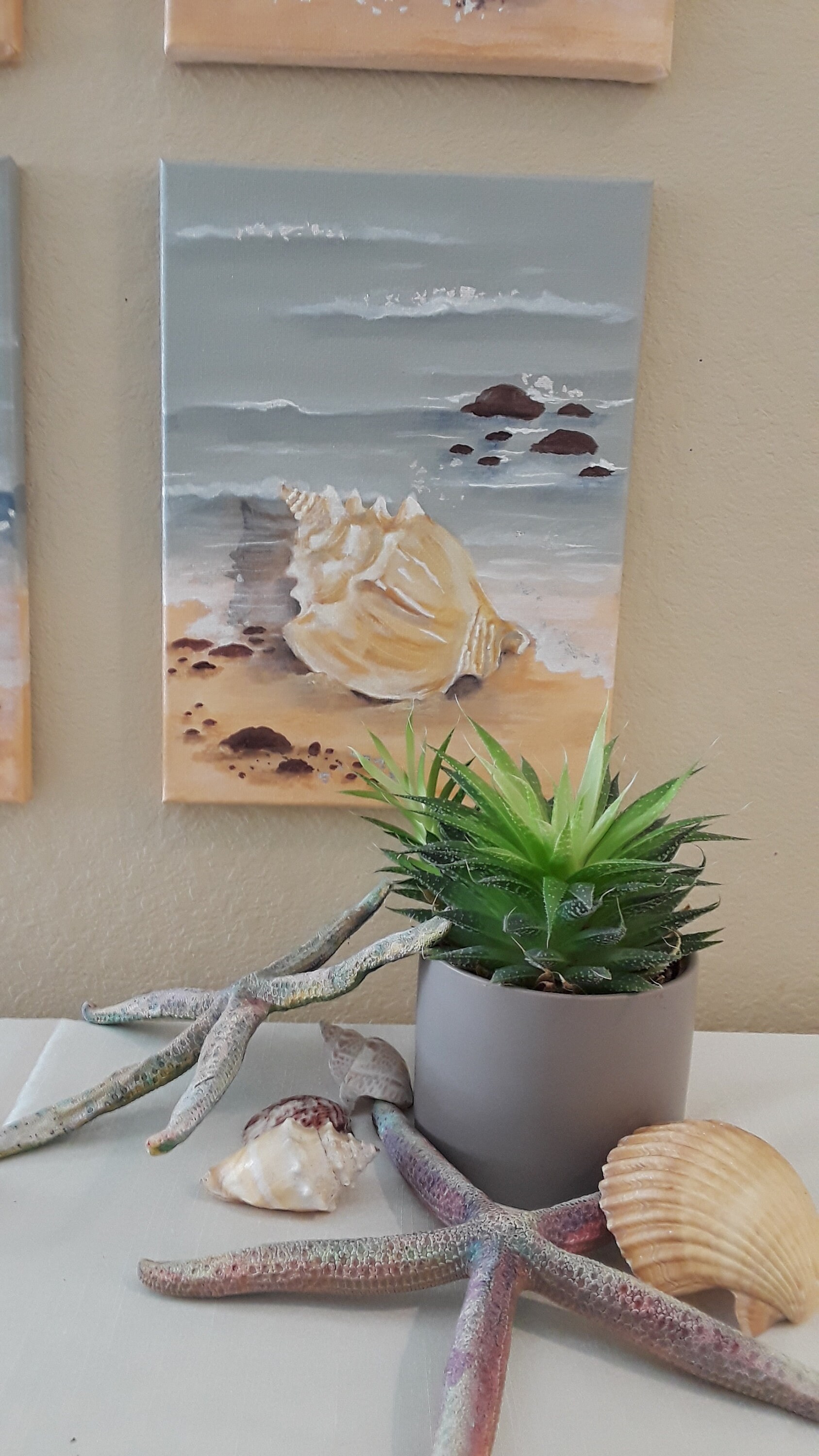 4 Tropical Shell Paintings, 8x10 Acrylic Artwork With Silver Foil ...