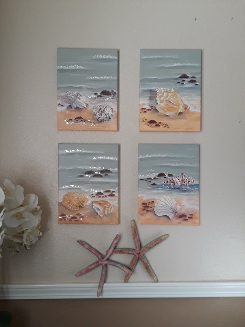 4 Tropical Shell Paintings, 8x10 Acrylic Artwork With Silver Foil ...