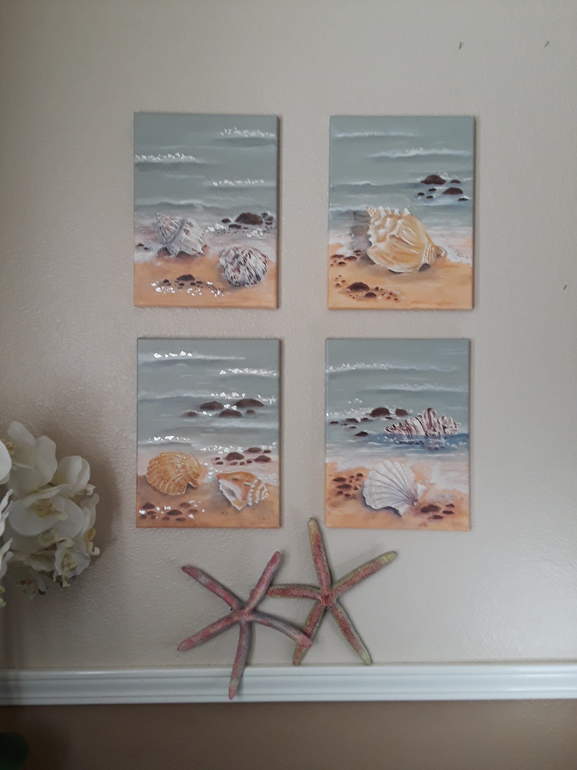 4 Tropical Shell Paintings, 8x10 Acrylic Artwork With Silver Foil ...