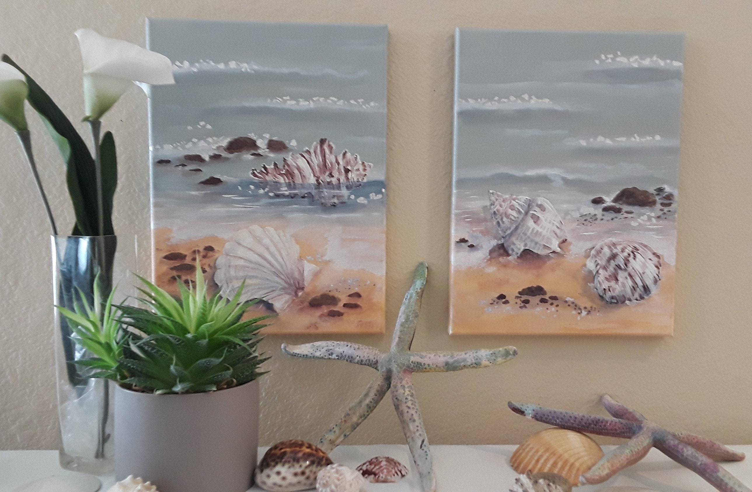 4 Tropical Shell Paintings, 8x10 Acrylic Artwork With Silver Foil ...