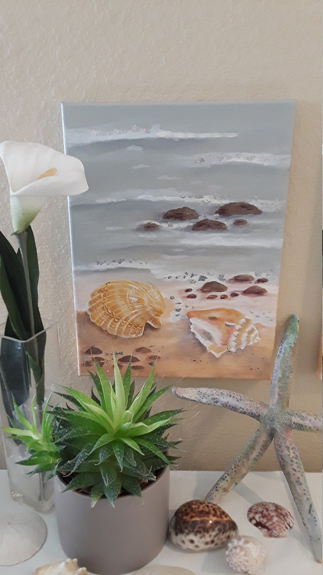 Pintura de conchas marinas, arte original acrílico de 8x10 con detalles ...