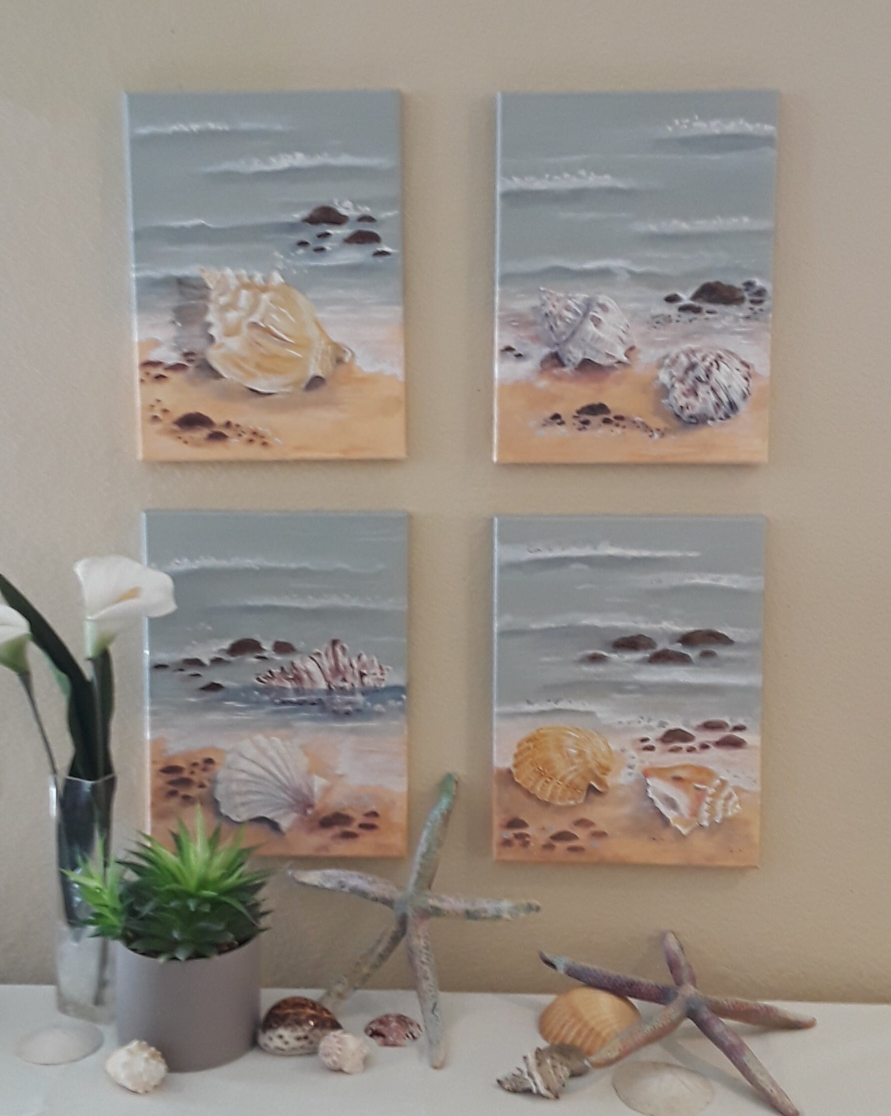 4 Tropical Shell Paintings, 8x10 Acrylic Artwork With Silver Foil ...