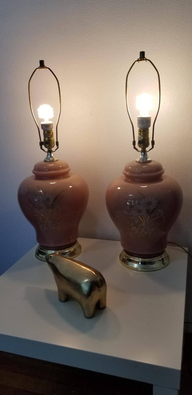 Cottagecore Table Lamp Set, Pink & Gold Glass, With Stenciled Floral ...