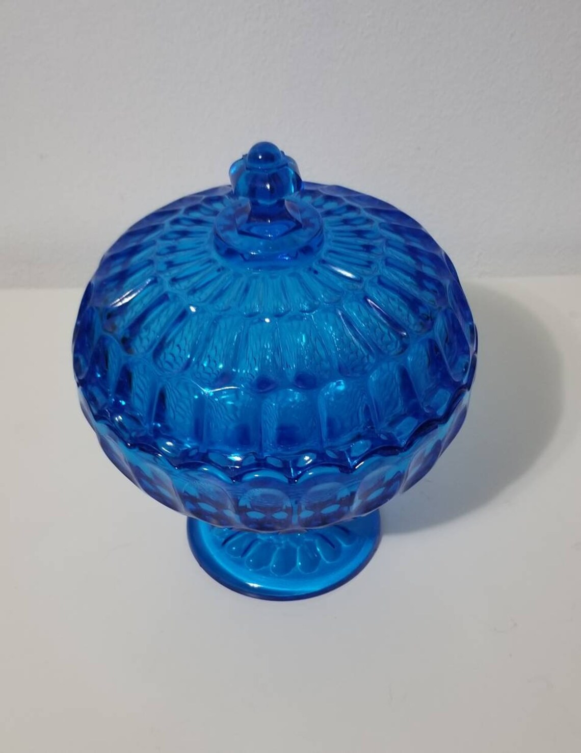Vintage Fenton Glass Colonial Blue Thumbprint Pedestal Bowl | Etsy