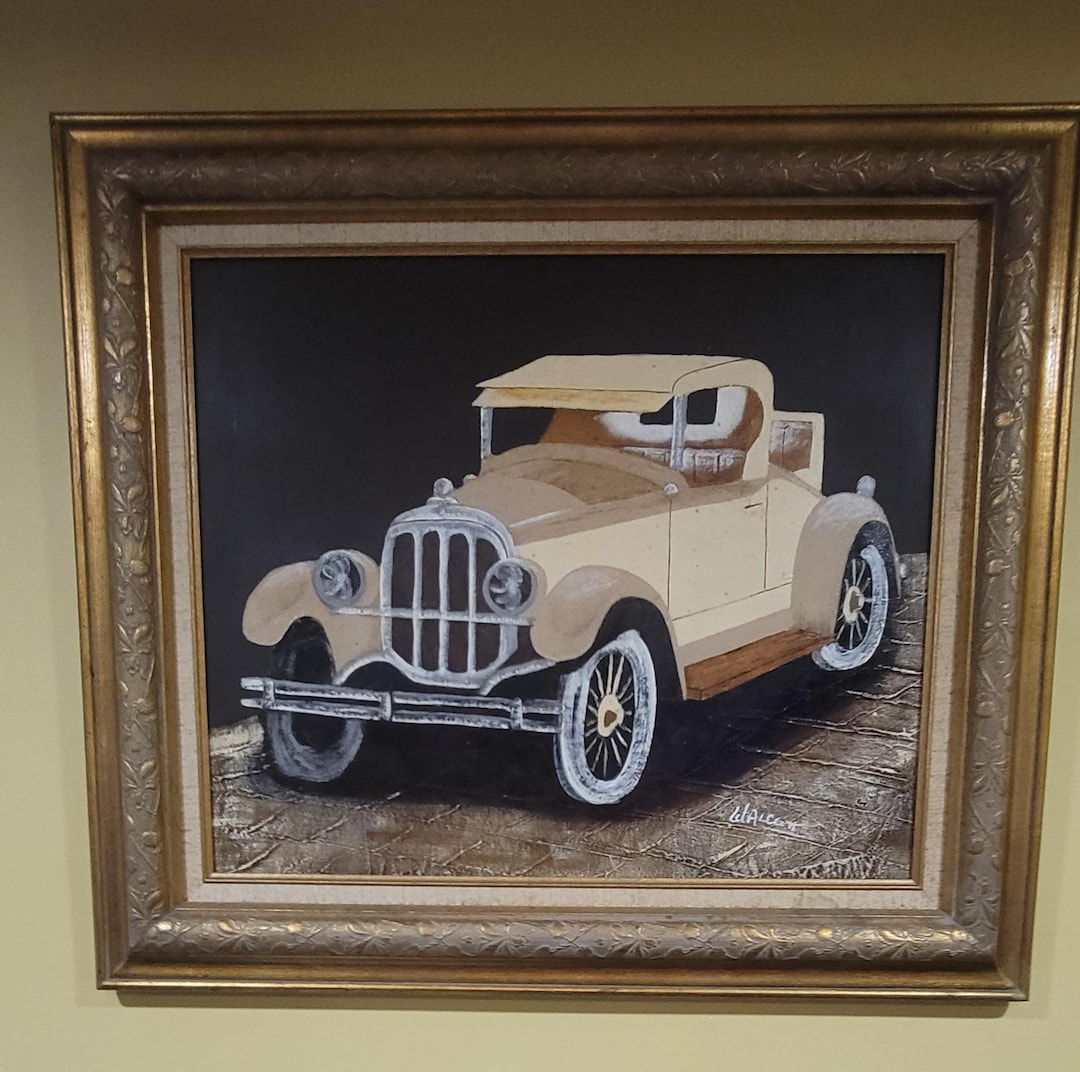 Mid-century Antique Car Oil Painting Signed & Framed Classic American ...