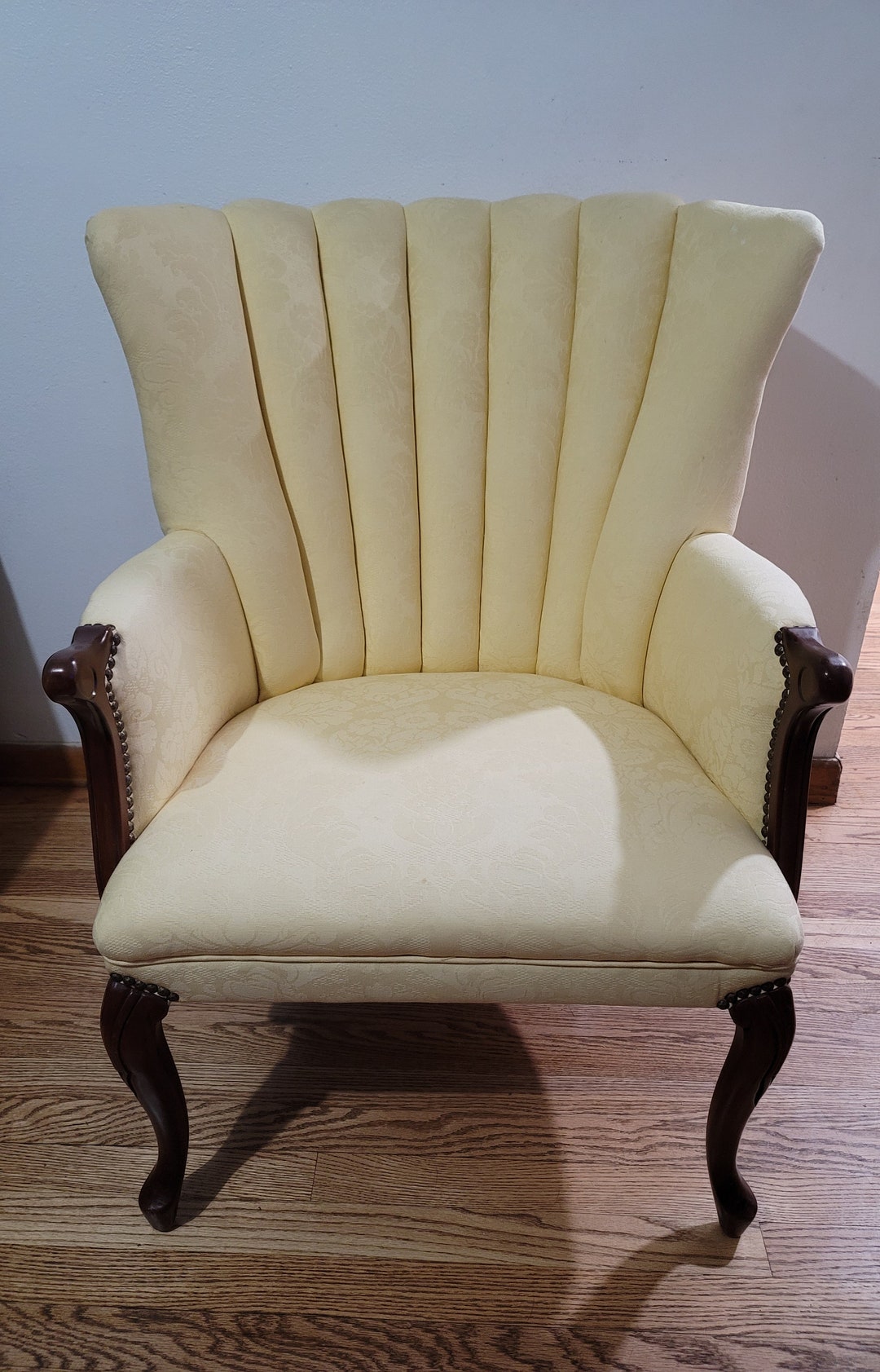 1950's Style Channel Back Arm Chair Nailhead Upholstered Yellow Fabric ...