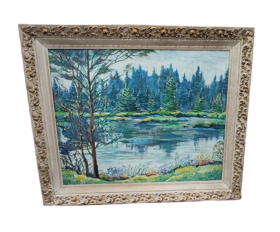 Vintage Lush Landscape With Trees Oil Painting Modernist Wall Art 30x35 ...