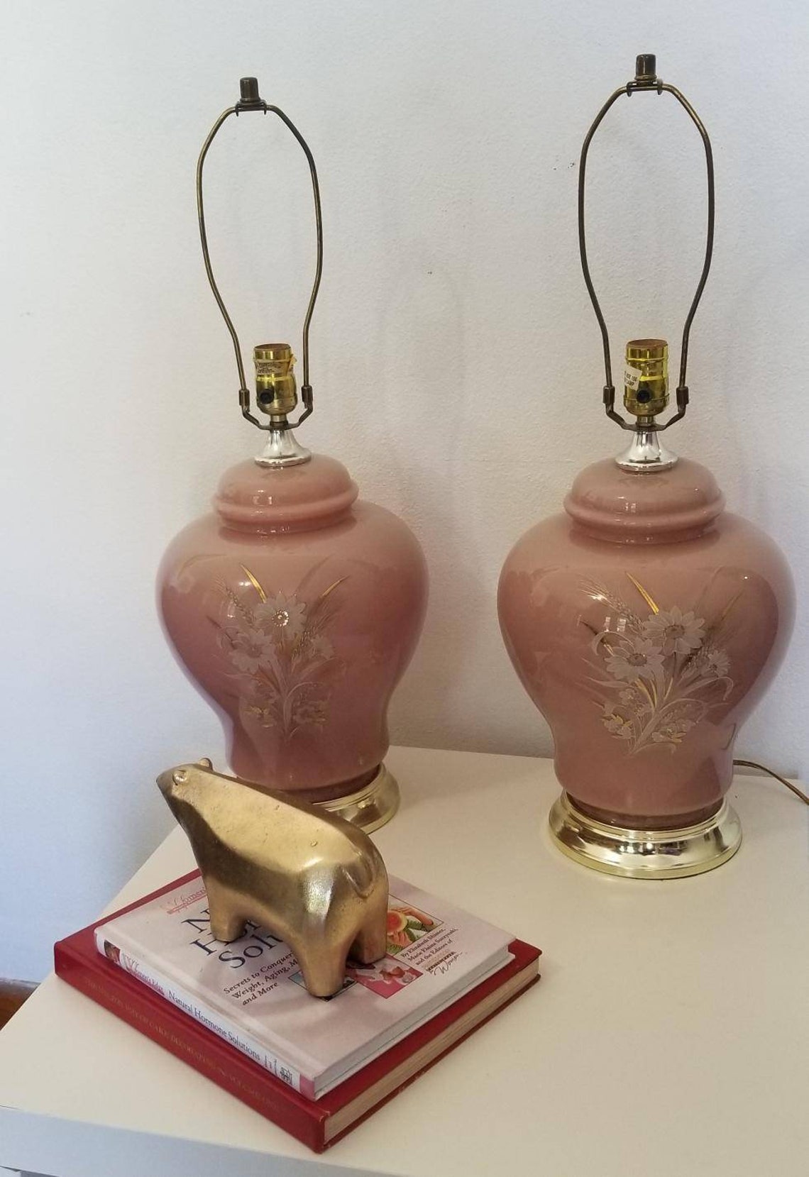 Cottagecore Table Lamp Set, Pink & Gold Glass, With Stenciled Floral ...