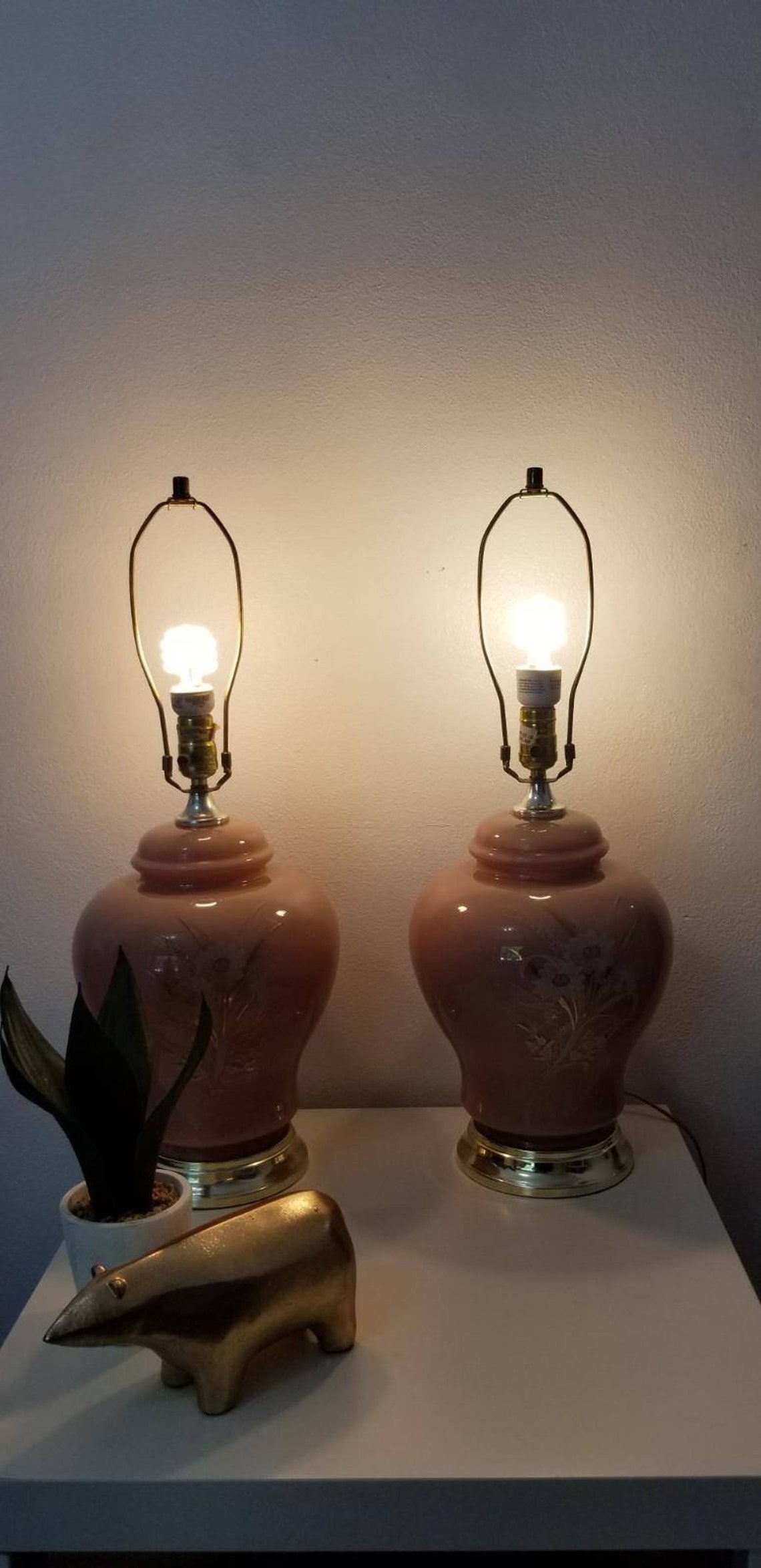 Cottagecore Table Lamp Set, Pink & Gold Glass, With Stenciled Floral ...