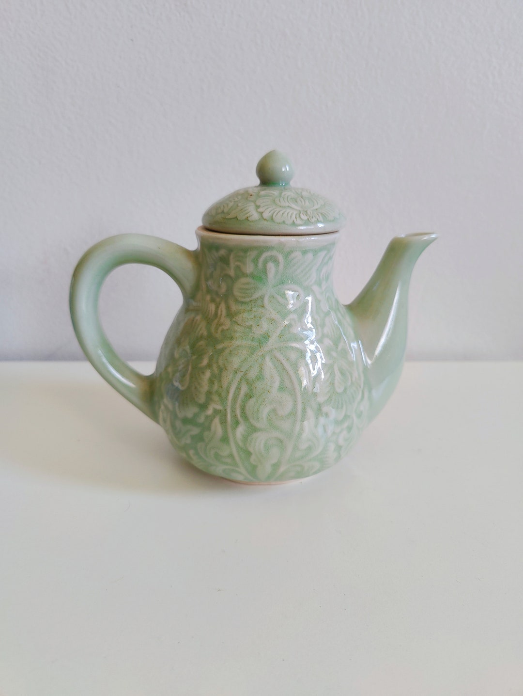 Vintage Siam Celadon Wood Ash Glaze TEAPOT Handmade in Thailand, Embosed Jade Green Thai Teapot ...