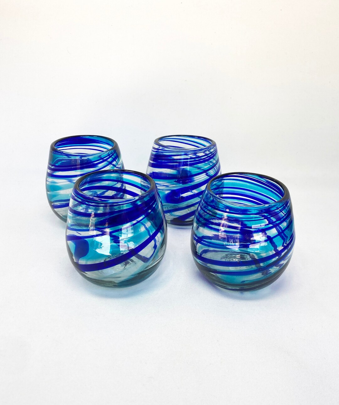 4 Hand Blown Stemless Wine Glasses Turquoiseblue Swirl Etsy