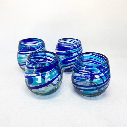 4 Hand Blown Stemless Wine Glasses Custom Color Mix Etsy