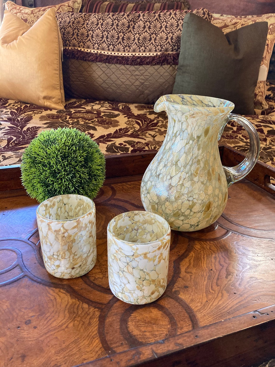 80 oz Hand Blown Glass Pitcher HG White Tan Confetti | Etsy