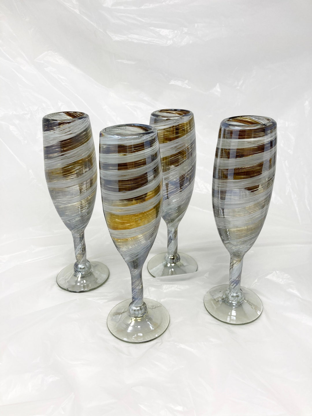4 Hand Blown Champagne Glasses - Gold/cream Swirl - Etsy