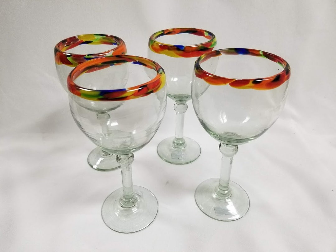 4 Hand Blown Wine Glasses - Confetti Rim - Etsy