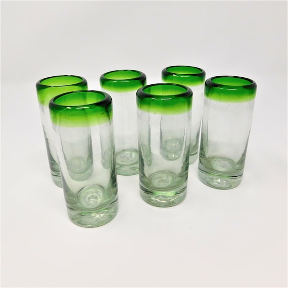 6 Hand Blown Shot Glass Green Rim | Etsy