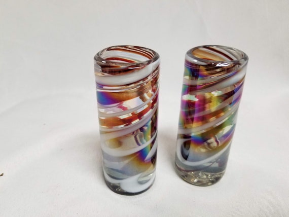 2 Hand Blown Shot Glasses Red/white Iridescent Swirl | Etsy