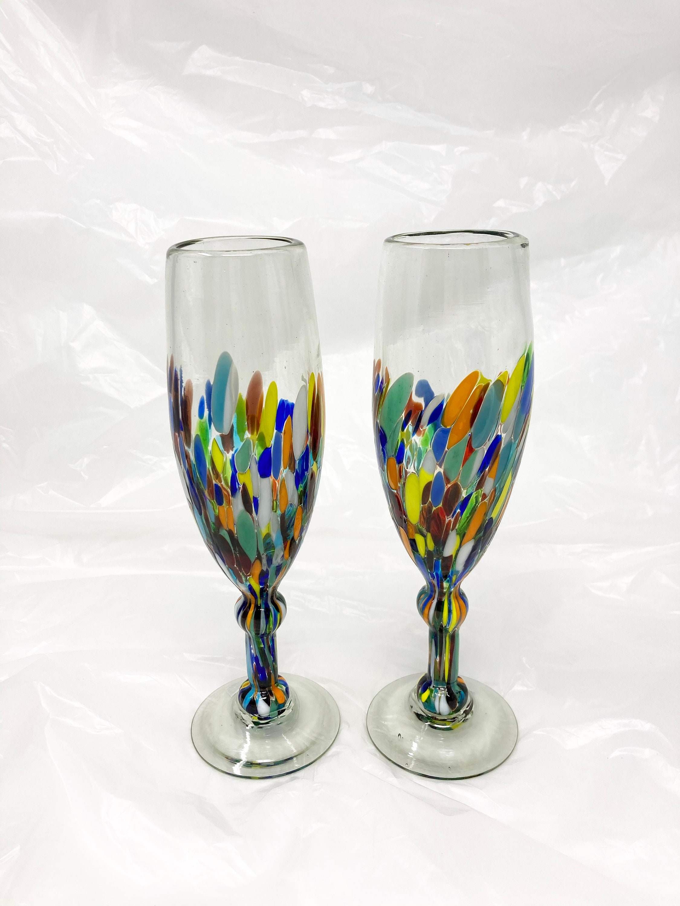 2 Hand Blown Champagne Glasses Confetti Base | Etsy