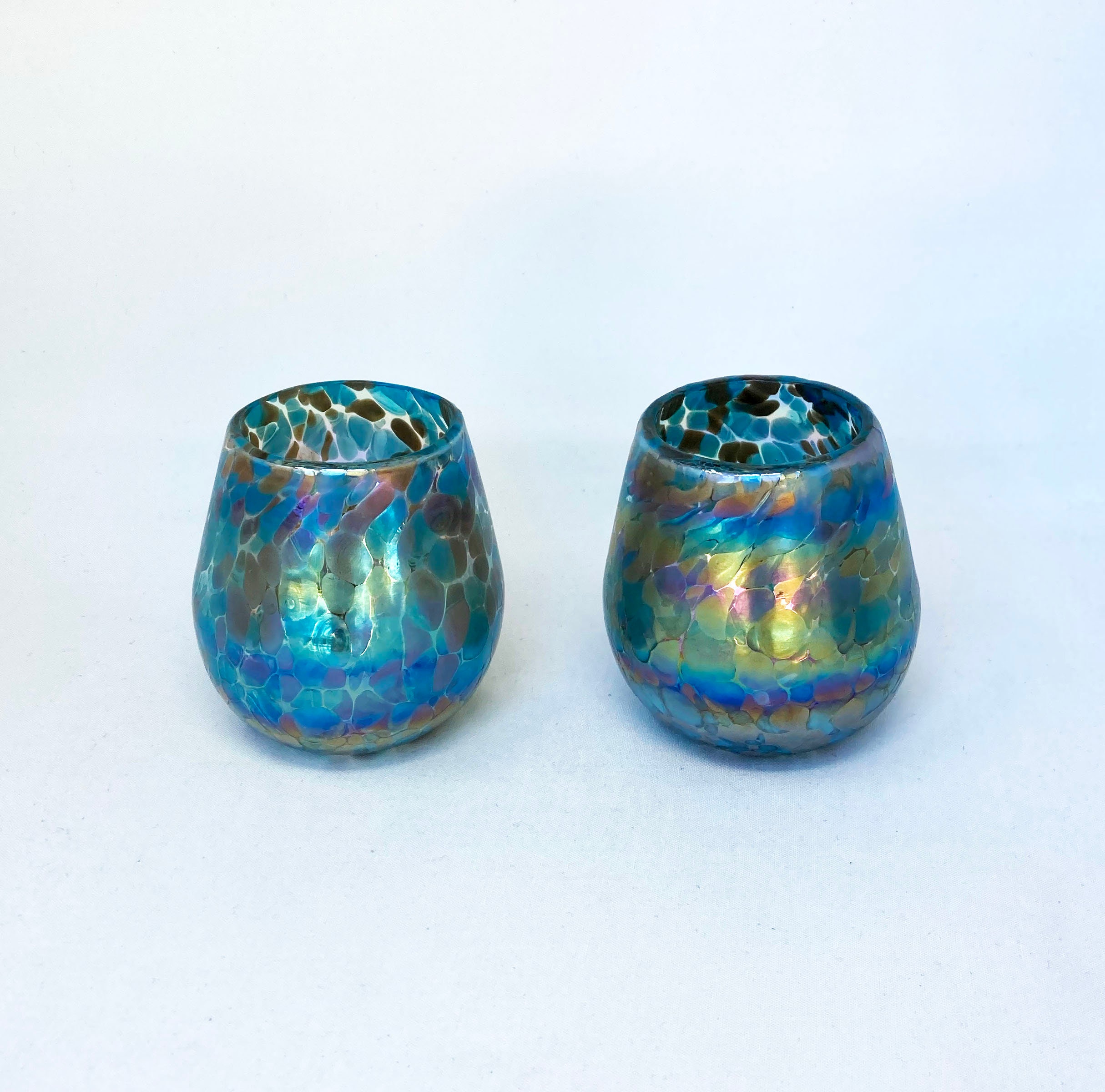 2 Hand Blown Stemless Wine Glasses Blue Chocolate Iridescent Etsy