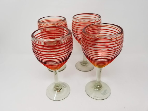 4 Hand Blown Wine Glass Red Stripes | Etsy
