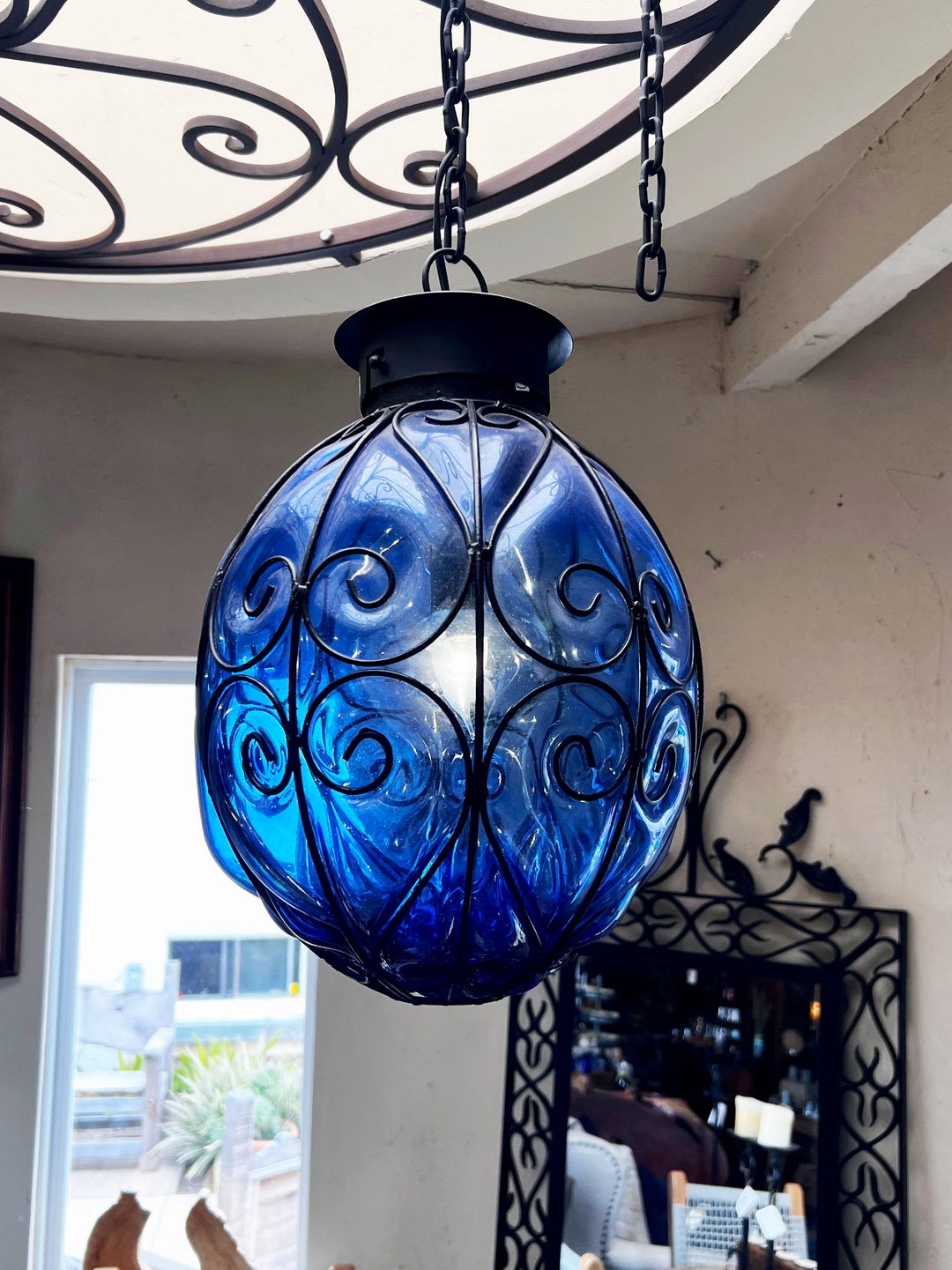 Hand Blown Oval Blue Glass and Iron Light Pendant - 16x12" - Etsy