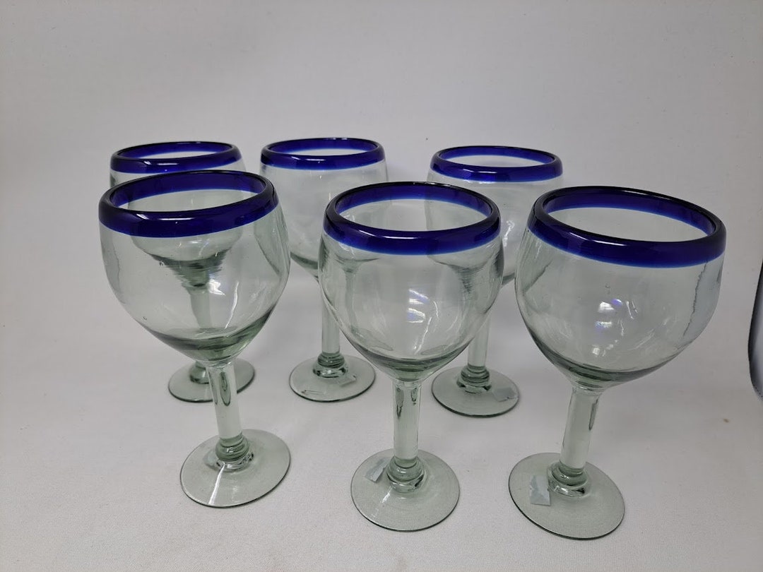 6 Hand Blown Wine Glasses Cobalt Blue Rim Etsy