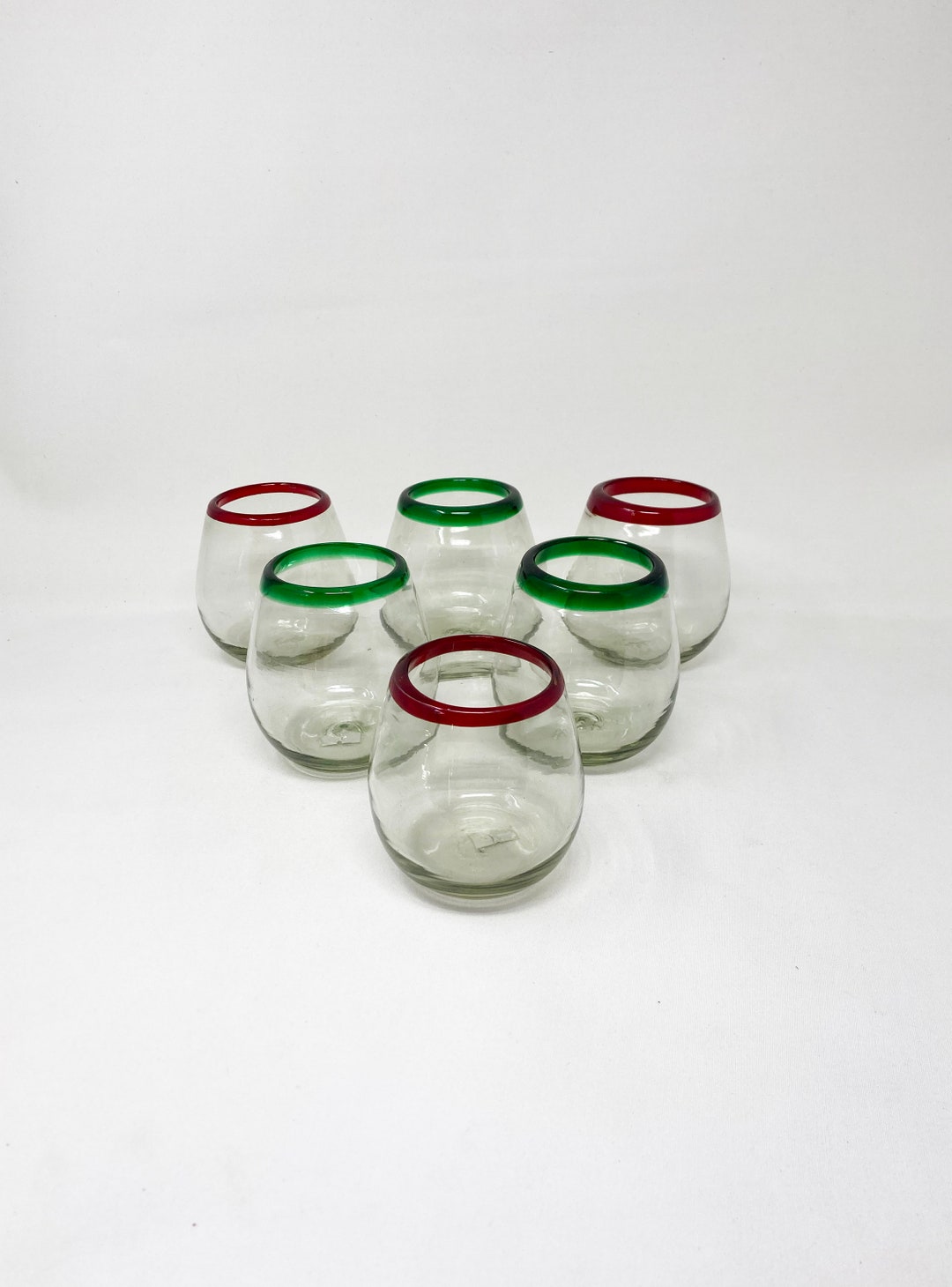 6 Stemless Wine Glasses - Green Rim/red Rim (christmas) - Etsy