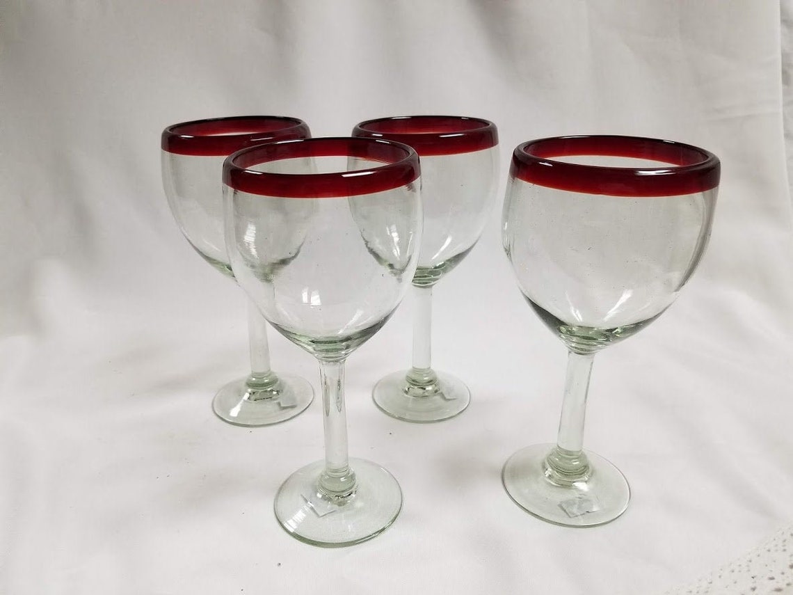 4 Hand Blown Wine Glasses Red Rim - Etsy