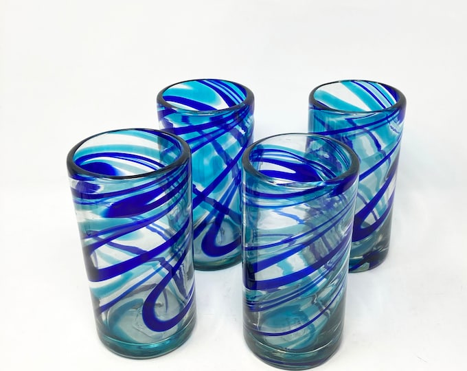 4 Hand Blown Water Glasses Turquoise/blue Swirl - Etsy